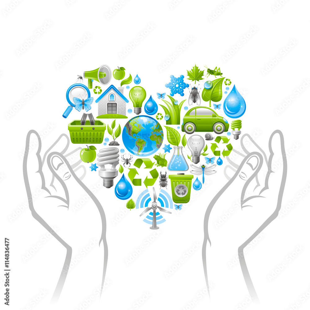 Ecological set with green concept icons in heart on white background ...