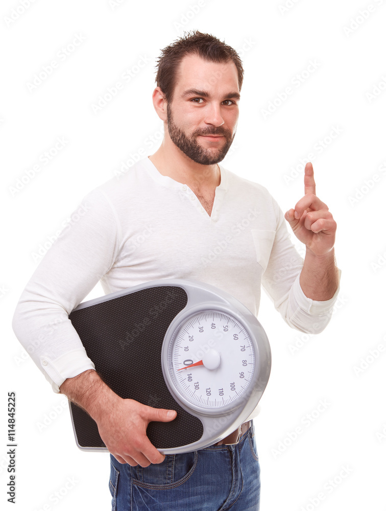 Man holding scale weight and reproaching Stock Photo | Adobe Stock