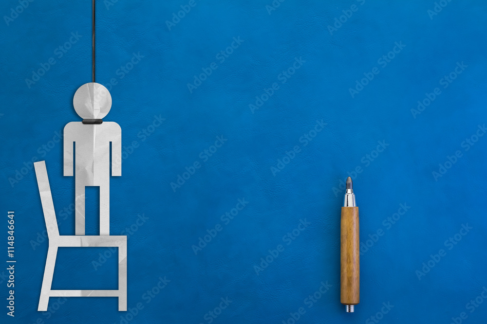 paper cut figure of human hanging with blue background Stock Photo ...