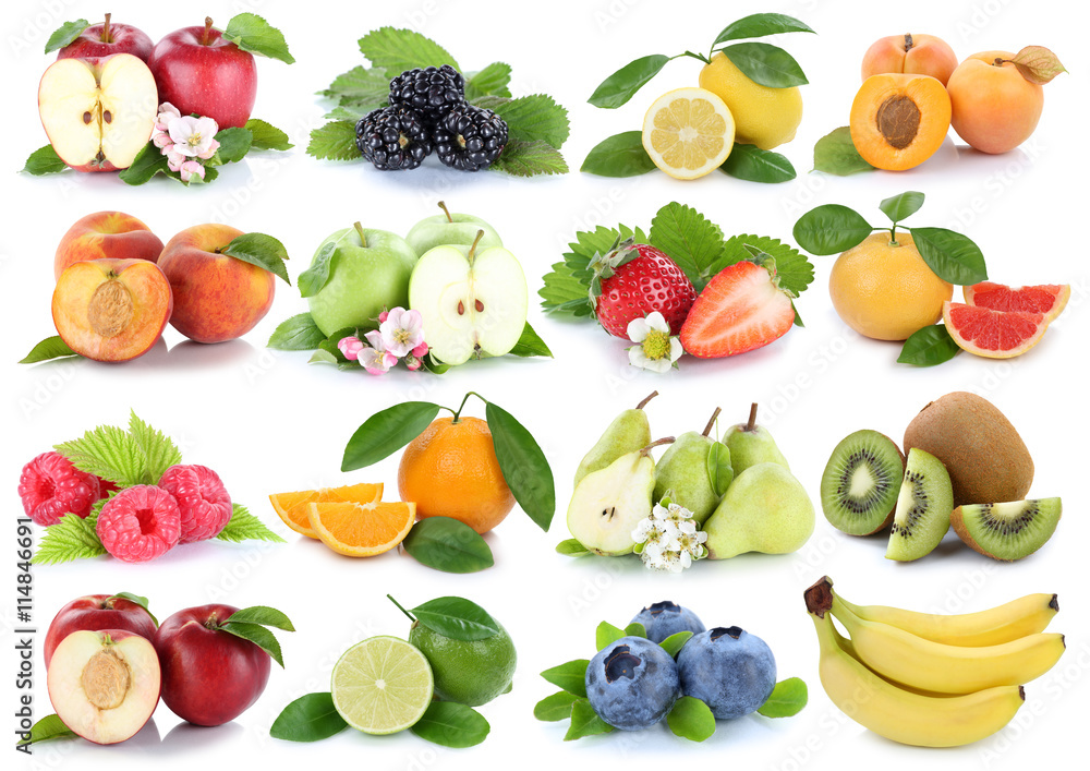 Früchte Apfel Orange Beeren Banane Orangen Erdbeere Obst frisch Stock ...