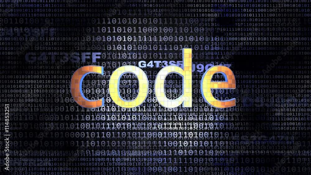 The word Code in front of a digital background representing executable ...
