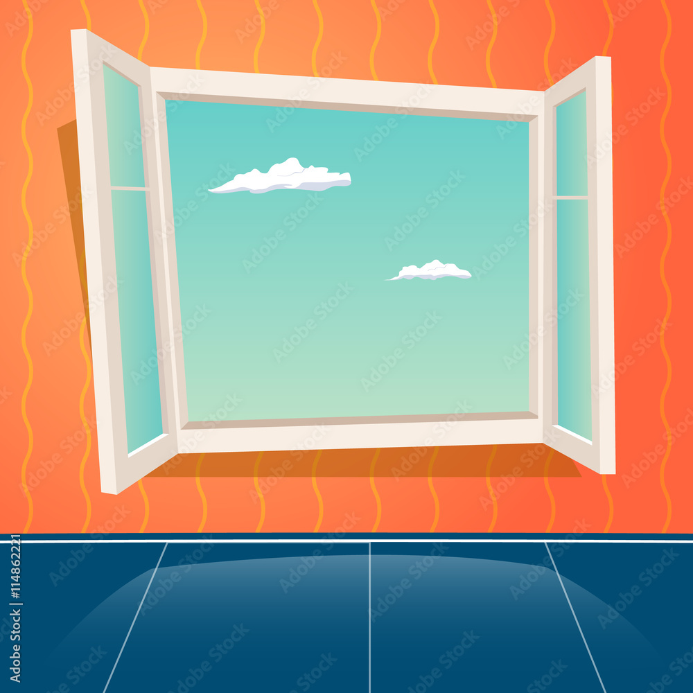 Cartoon Open Window Design Template Retro Background Vector ...