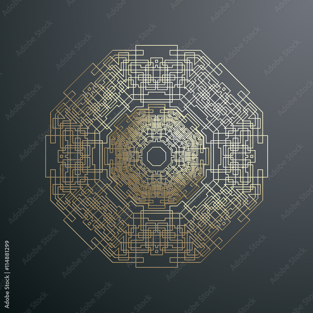 Round golden technology pattern isolated on dark background, mandala ...