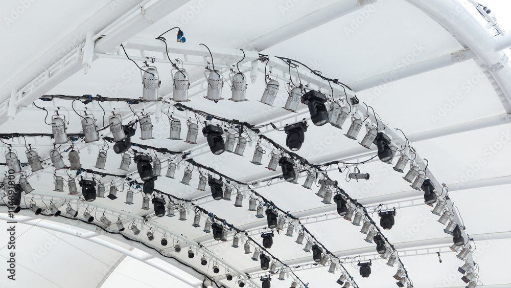 stage illumination lights equipment and projectors mounted to ceiliing ...