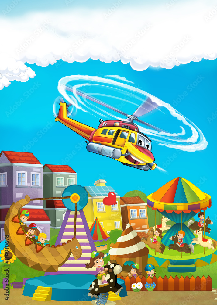 cartoon scene with children having fun in amusement park happy nad ...