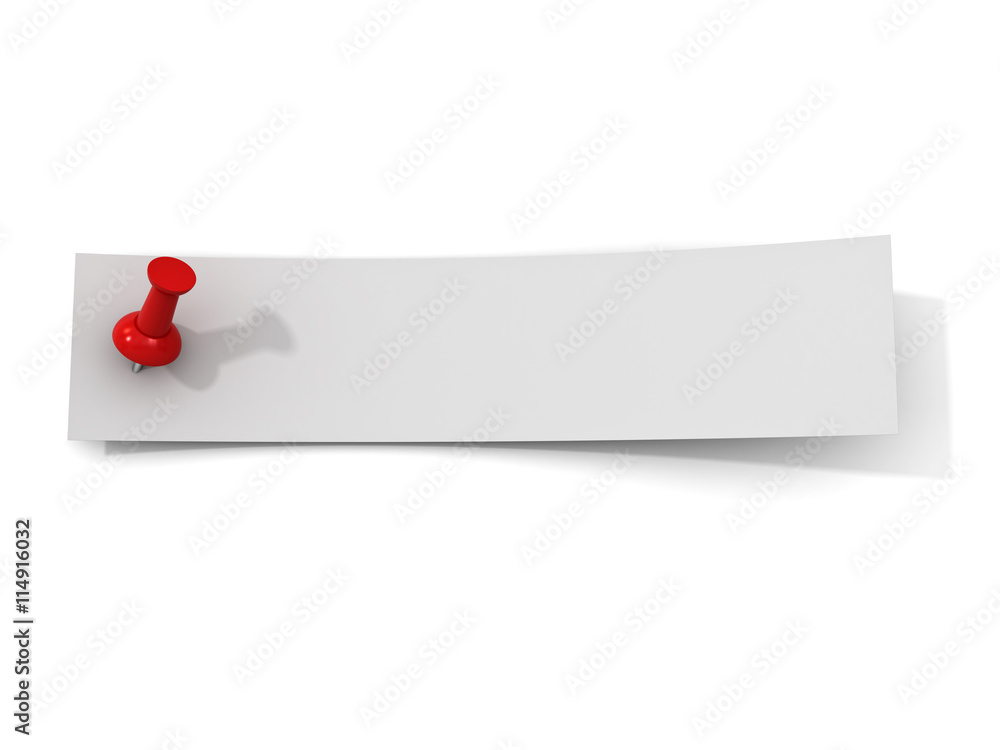 White paper strip note with red push pin isolated on white background ...