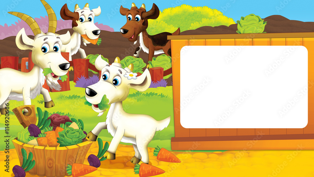 Cartoon scene of a goat on the farm having fun - eating together with ...