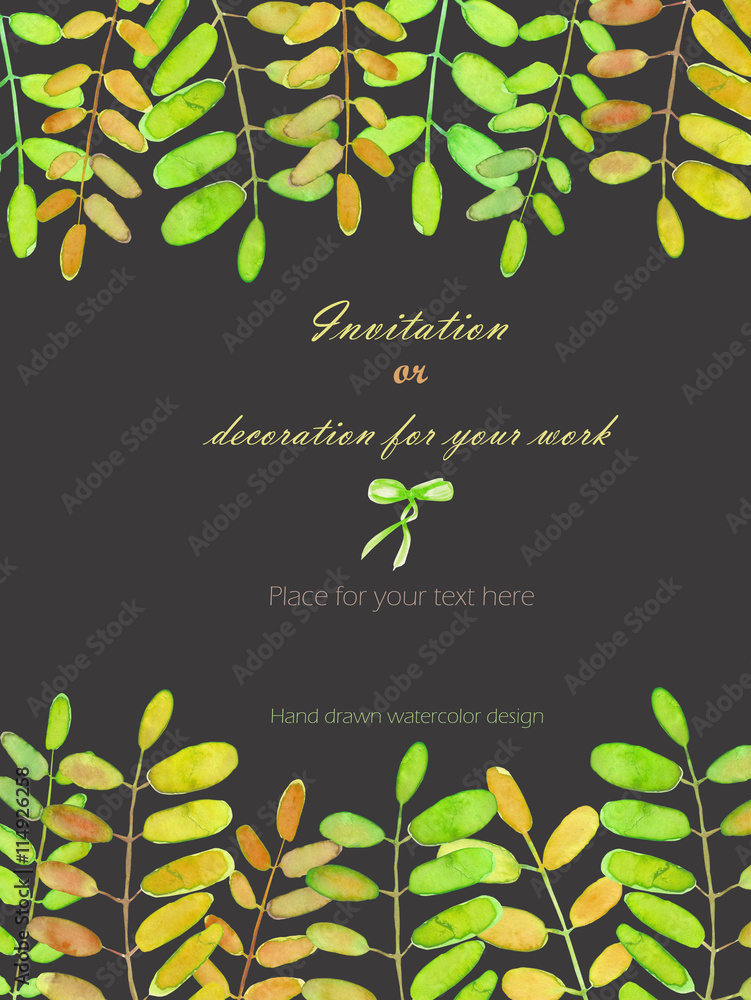 Background, template postcard with the acacia tree branches, hand drawn ...