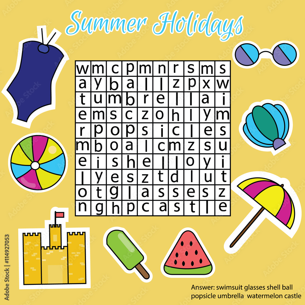 Word search puzzle for children, educational game. Summer holidays ...