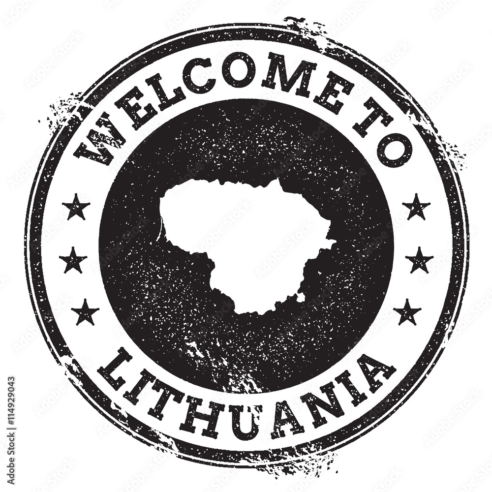 Vintage passport welcome stamp with Lithuania map. Grunge rubber stamp ...