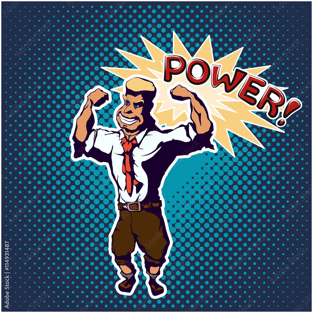 Strong man standing in the bodybuilder pose. Pop art poster comic style ...