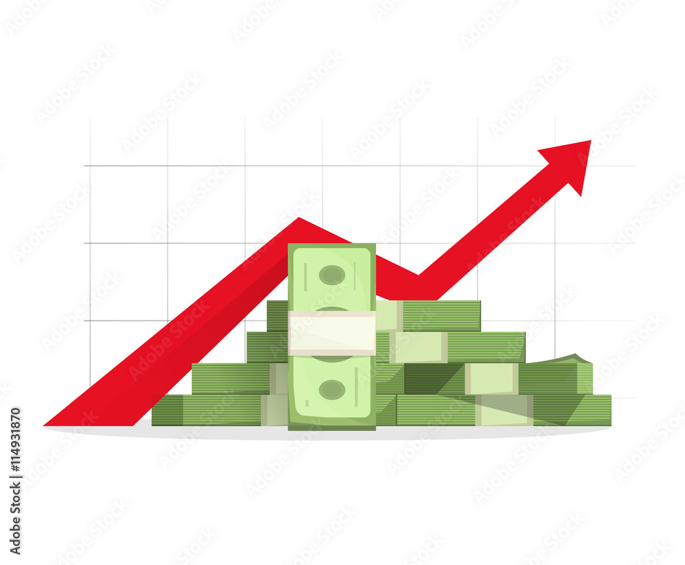 Pile of cash with red rising graph with upward arrow vector ...