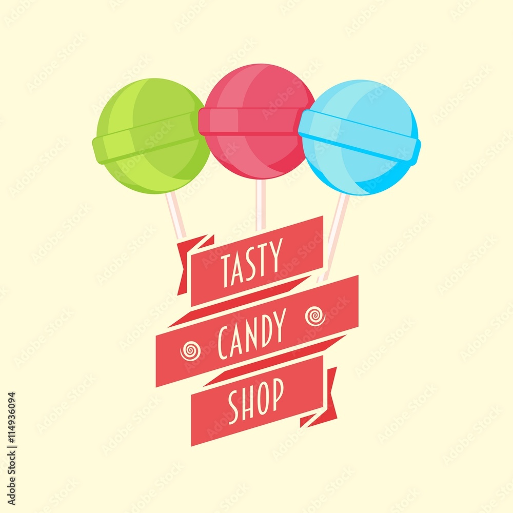 Candy shop logo, sign or symbol template with three lollipops and ...