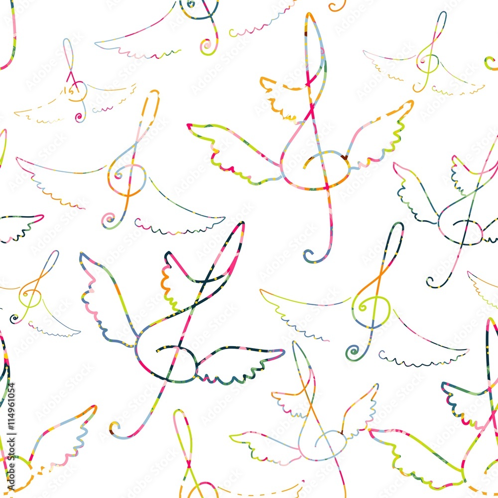 Seamless pattern of treble clef with wings. Colorful ornamental lines ...