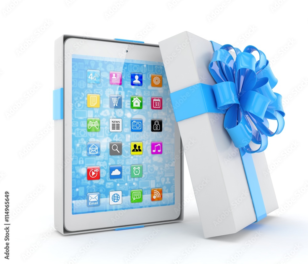 Tablet in white gift box with blue bow and ribbons on white. 3D ...