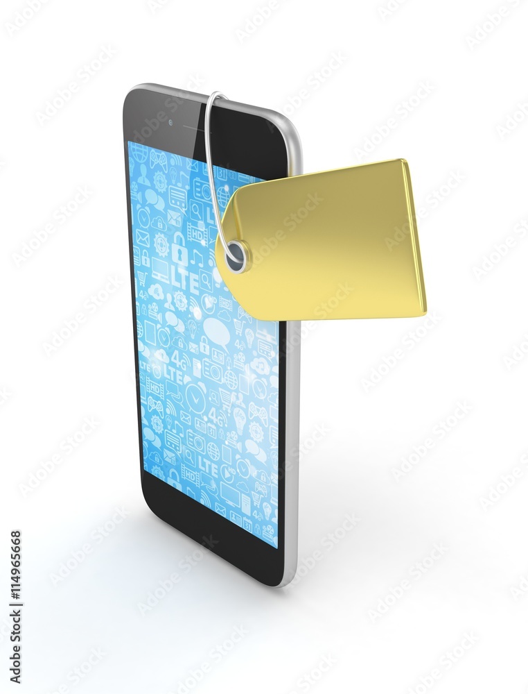 Smart phone with golden price tag on white background. Identification ...