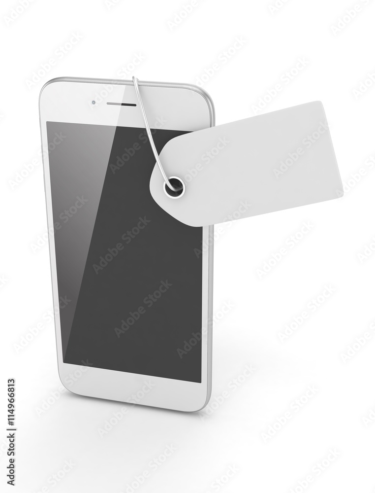 White smart phone with white price tag on white background ...