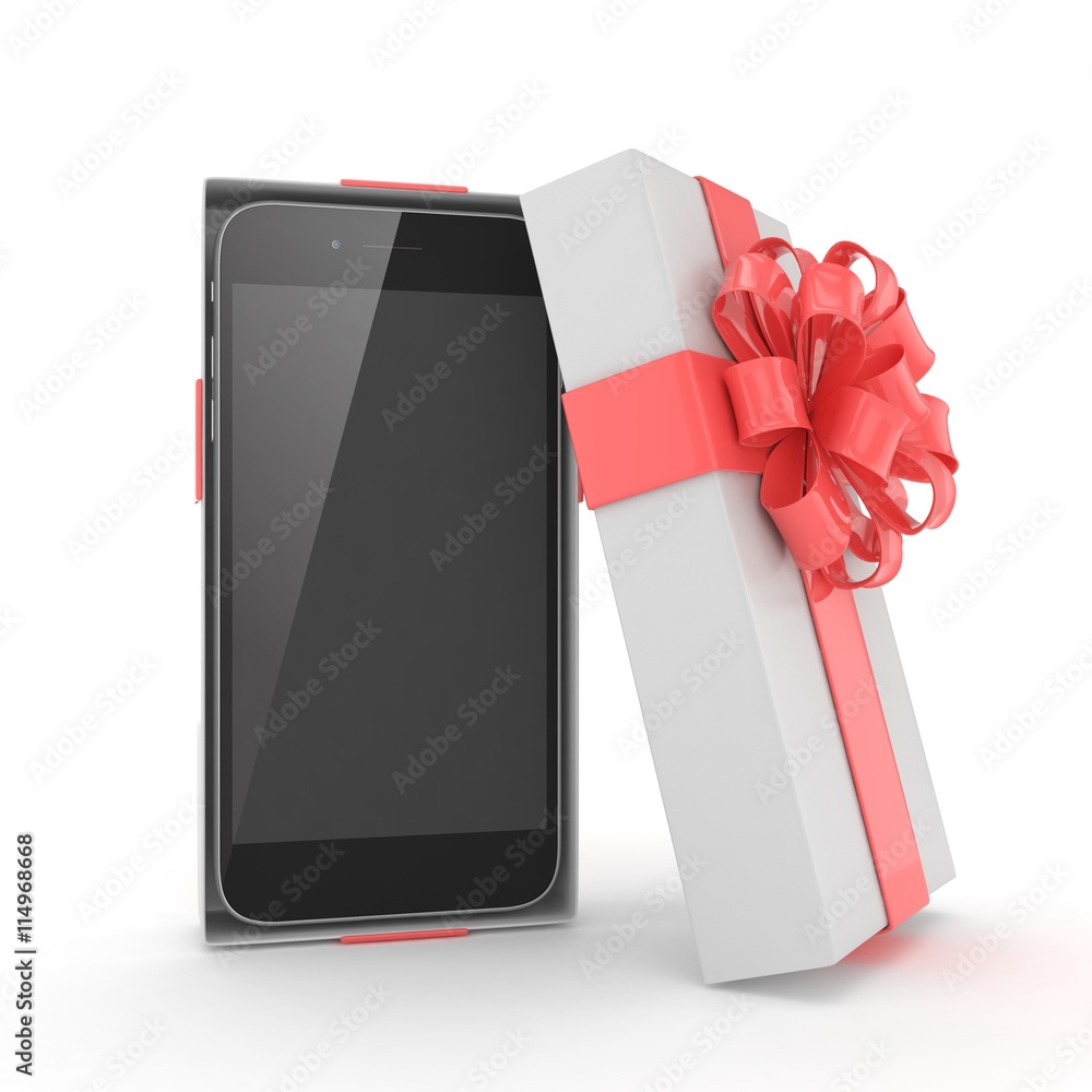Smartphone in gift box. Isolated on white background. 3d rendering ...