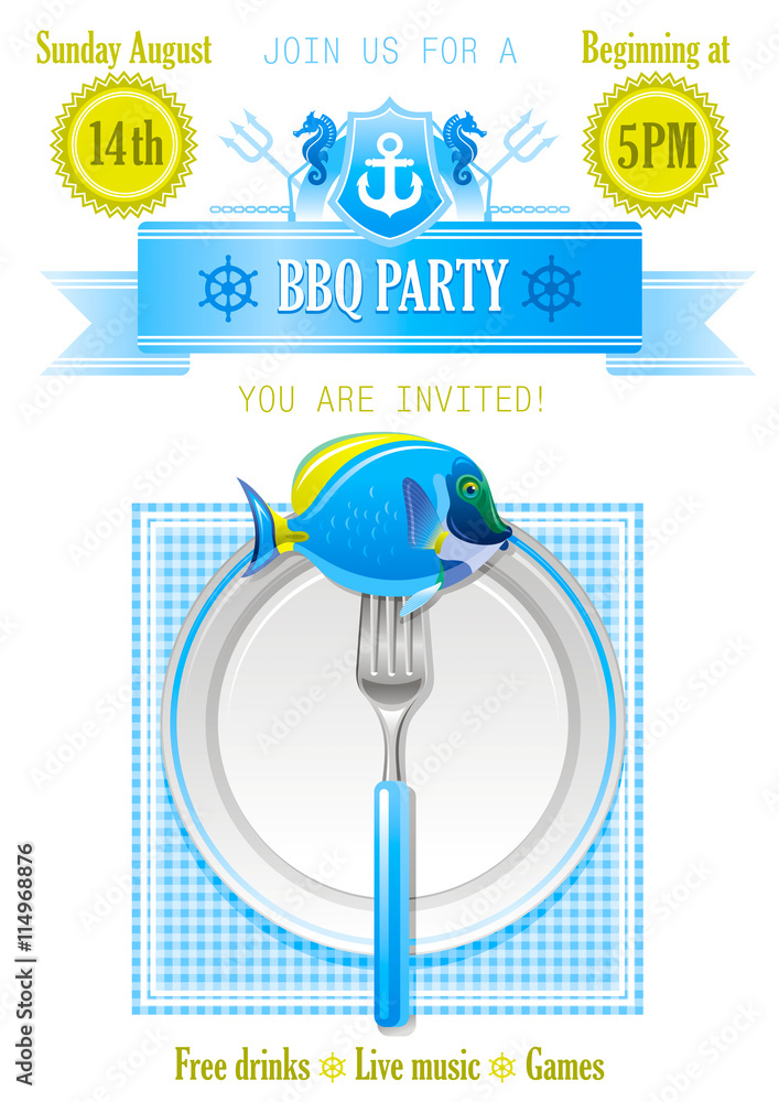 Sea summer travel poster design with tropical surgeon fish icon and ...