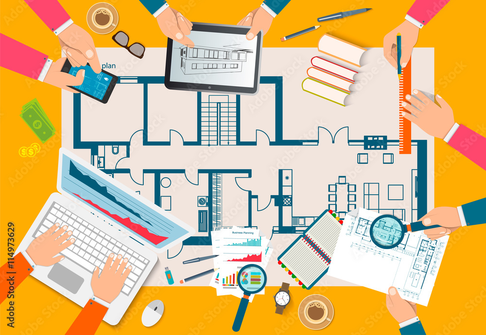 Team of people working together to plan construction of house. Teamwork ...