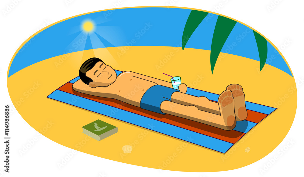 Vector illustration of man sunbathing on the beach Stock Vector | Adobe ...