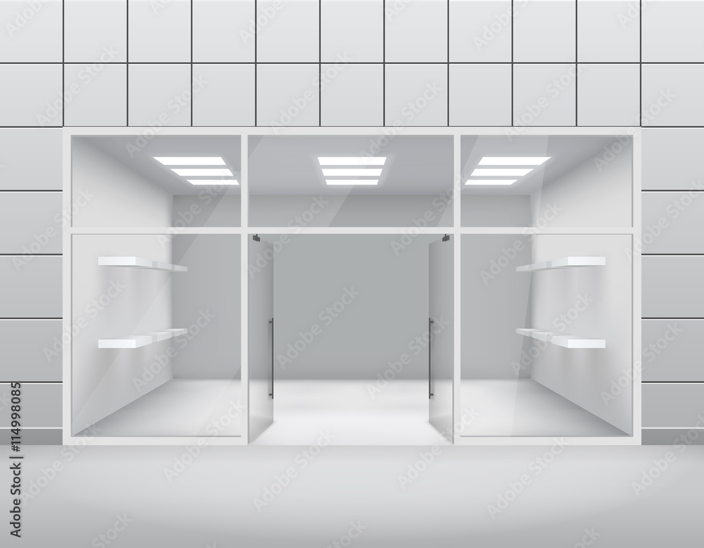 Empty shop front boutique window and open door 3d template vector ...