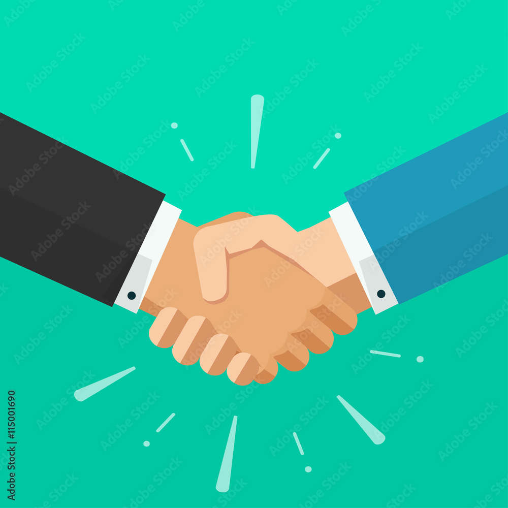 Shaking hands business vector illustration with abstract rays, symbol ...