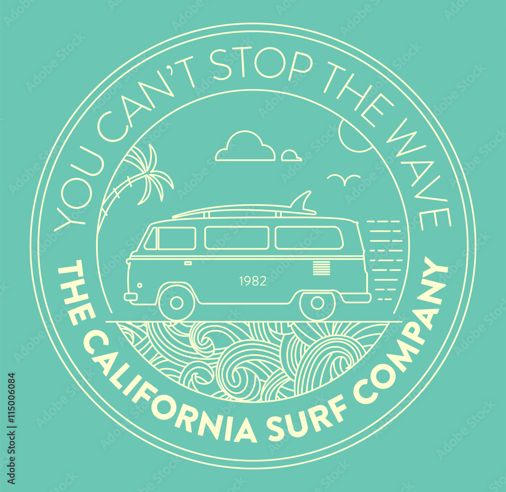 Surf logo with van and surf elements Stock Vector | Adobe Stock