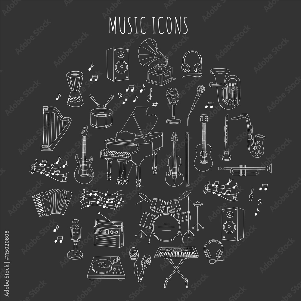Music icon set vector illustrations hand drawn doodle. Musical ...