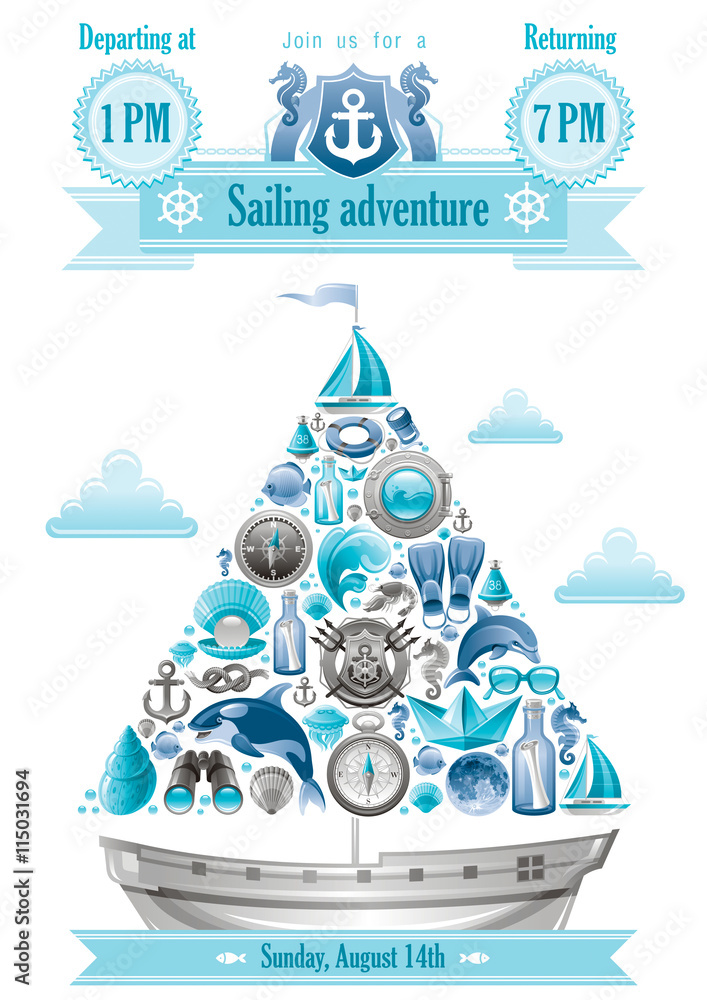 Sea summer travel banner invitation design with sail boat and icon set ...