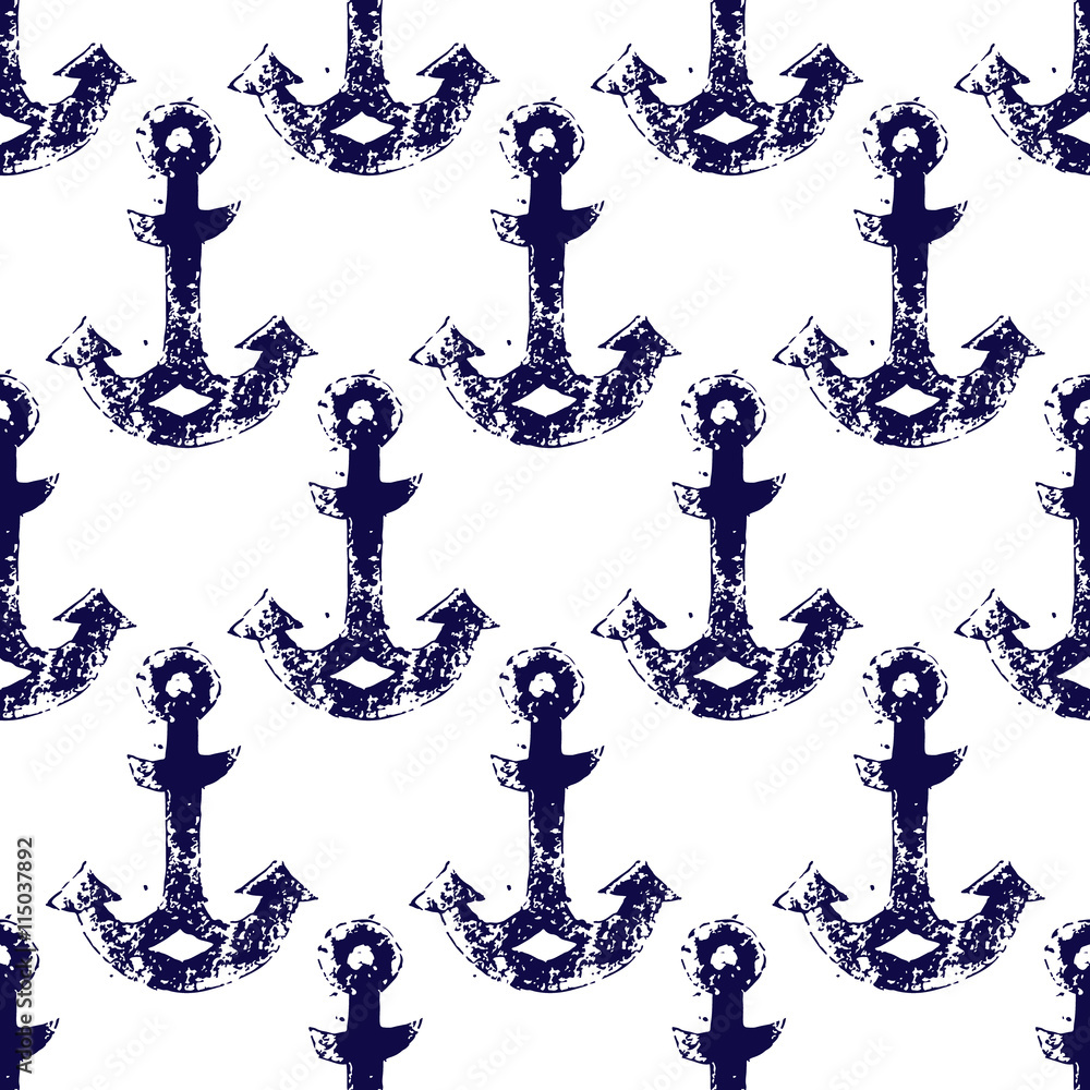 Grunge hand printed anchors in navy blue and white seamless pattern ...