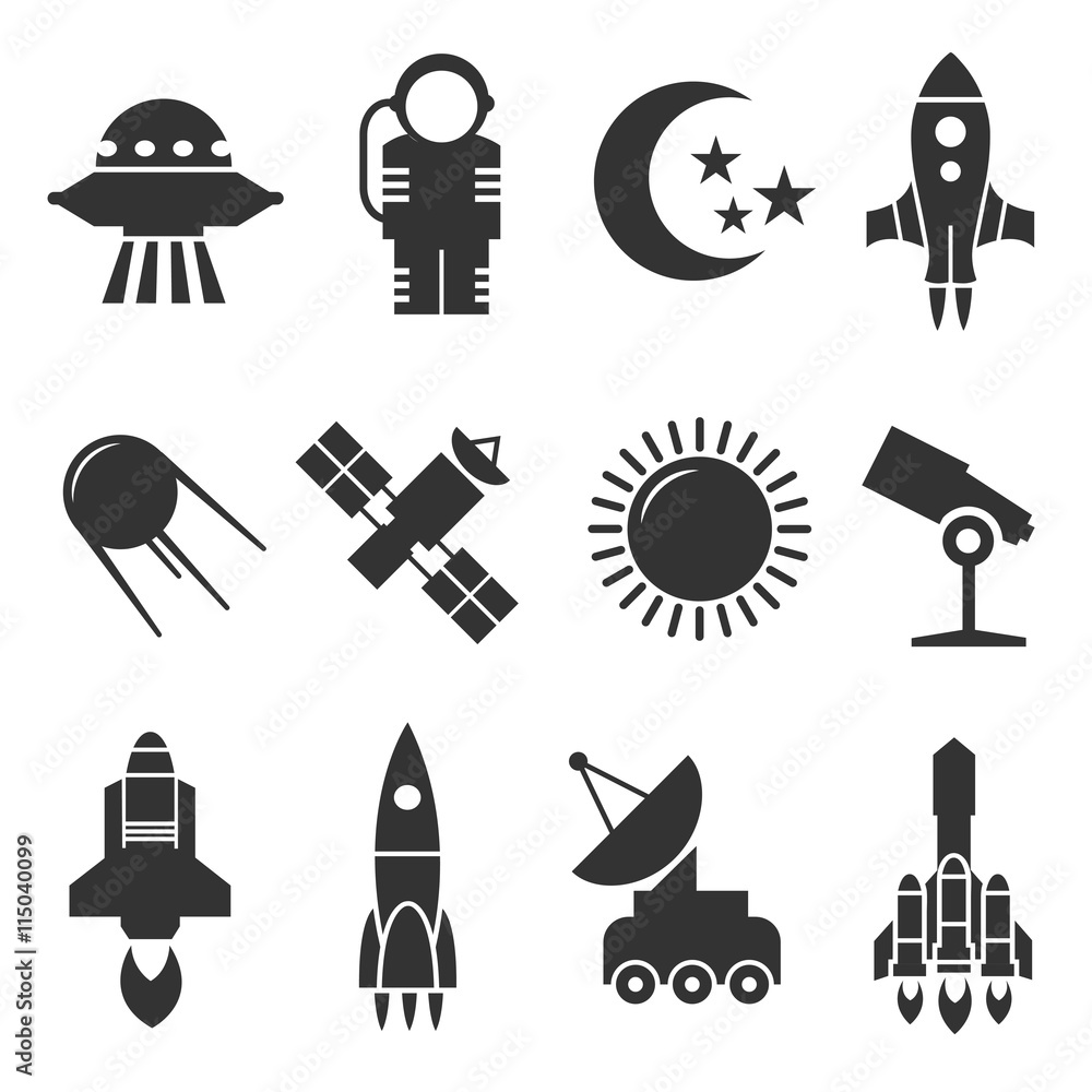 Space and astronomy vector icons. Rockets and satellites, planets and ...