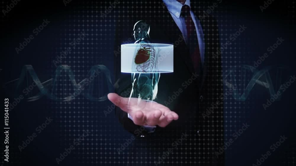 Businessman open palm, Zooming rotating body and scanning heart. Human ...