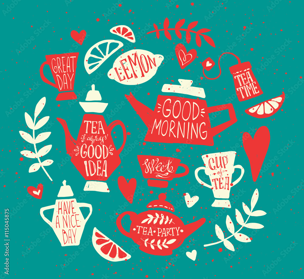 Tea party handsketched doodle set. Tea lettering, vector typography ...