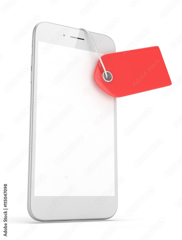 White smart phone with red price tag on white background ...