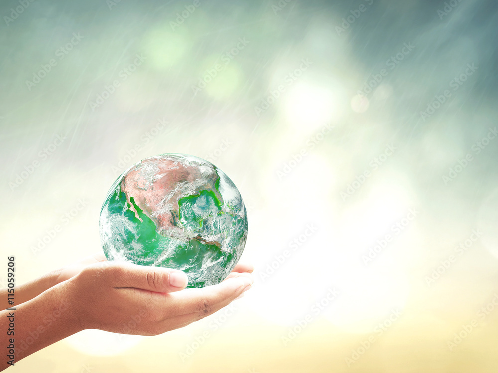 World environment day concept: Earth globe in human hands over blurred ...
