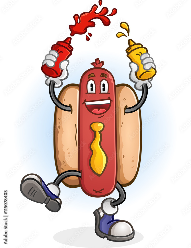 Hot Dog Cartoon Character Squirting Condiments and Dancing Stock Vector ...