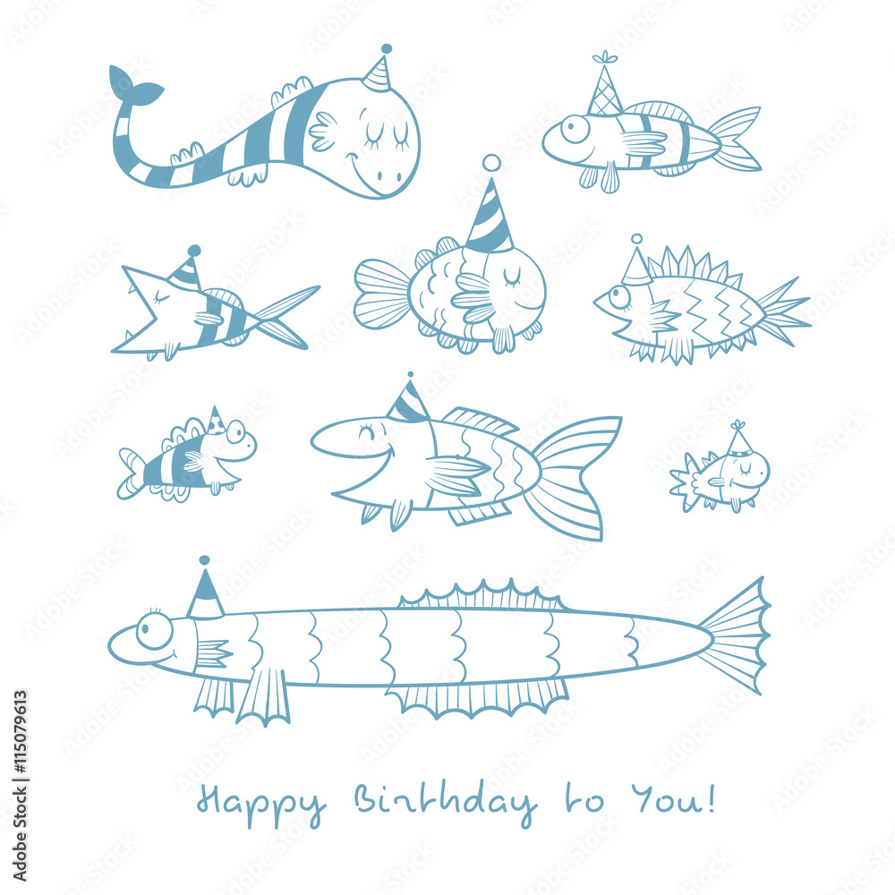 Birthday card with cute cartoon fishes in party hats. Underwater life ...