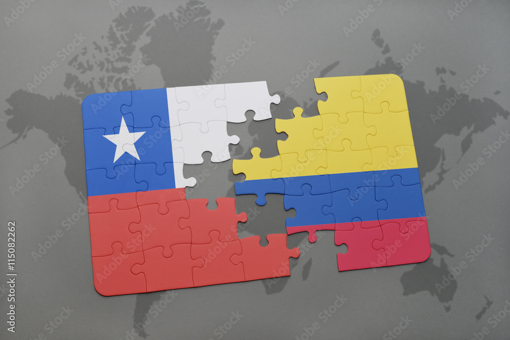 puzzle with the national flag of chile and colombia on a world map ...