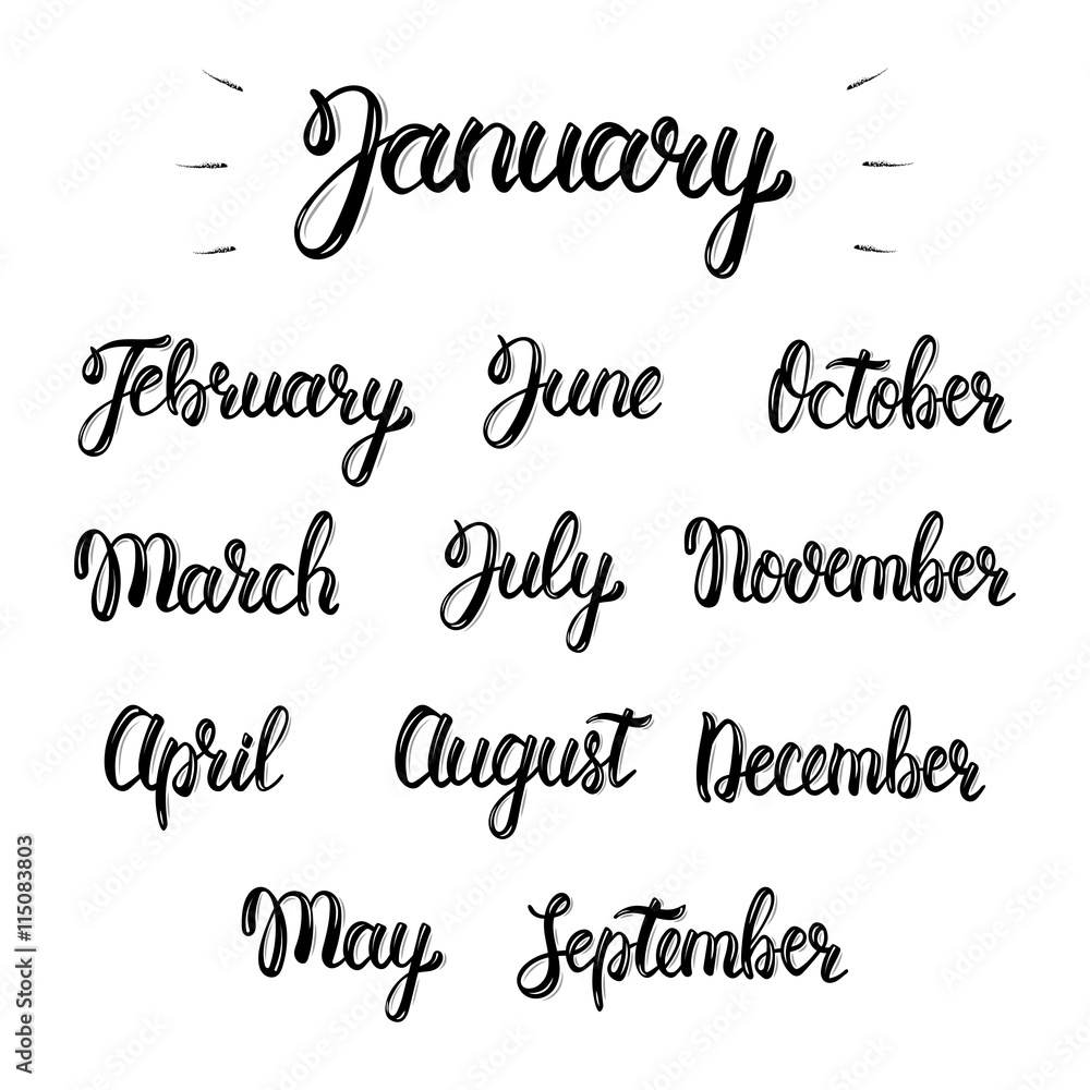 Trendy hand lettering set of months of the year. Brush handwritten ...