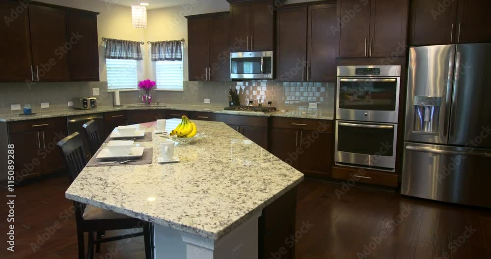 Modern Kitchen Rise Angled Corner. camera rises on a modern residential ...