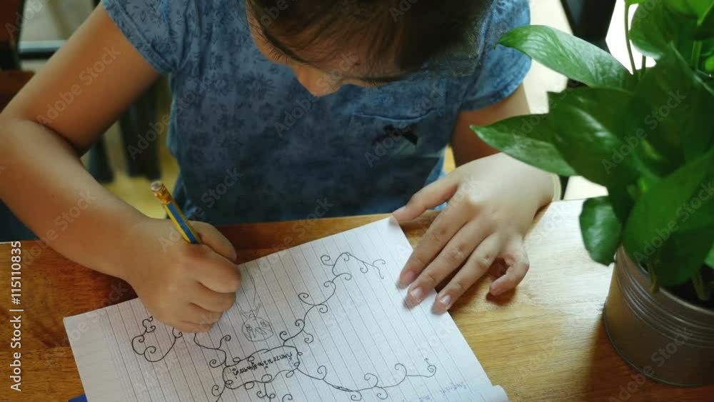 4K : Top view of Little Asian child drawing her mind map, Closeup shot ...