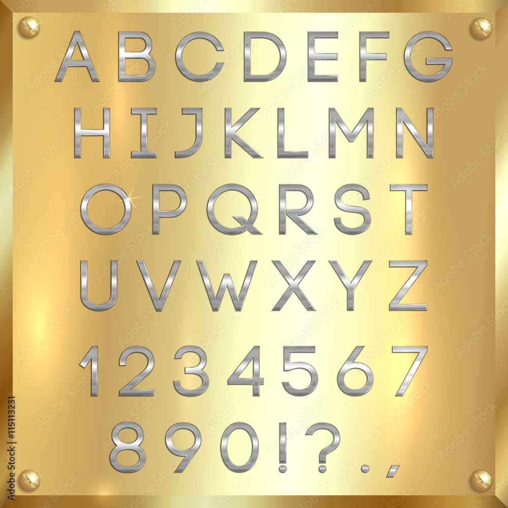 Vector silver coated alphabet letters, digits and punctuation on gold ...