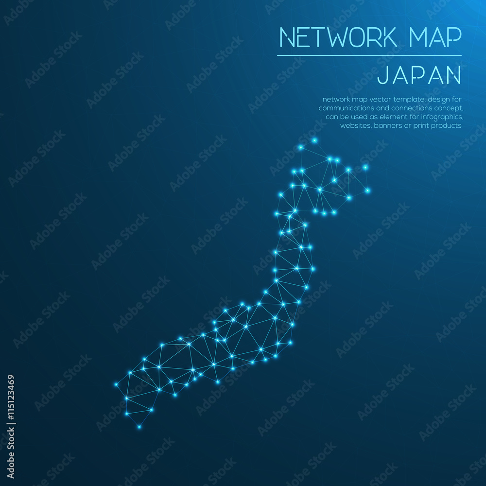 Japan network map. Abstract polygonal map design. Internet connections ...