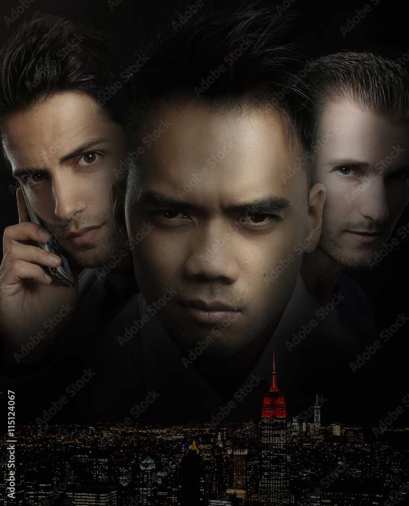 Portrait of three mysterious man over a black background Stock Photo ...