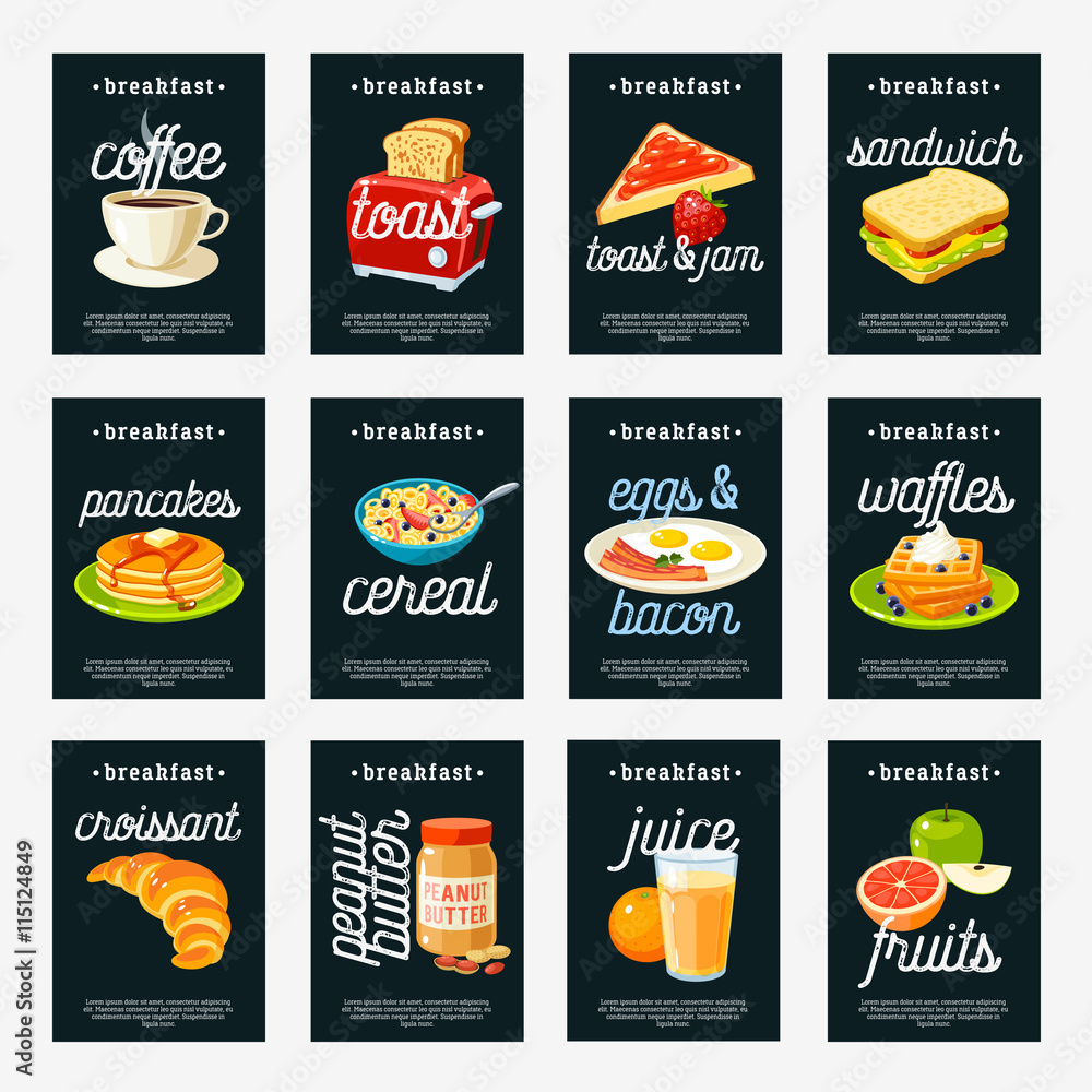 Set of breakfast tags - toaster/coffee pot/jam/peanut butter/fried eggs ...