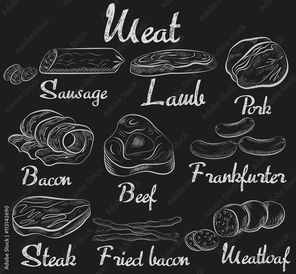 Retro meat chalk icons on chalkboard set. Steak, pork, sausage, lamb ...