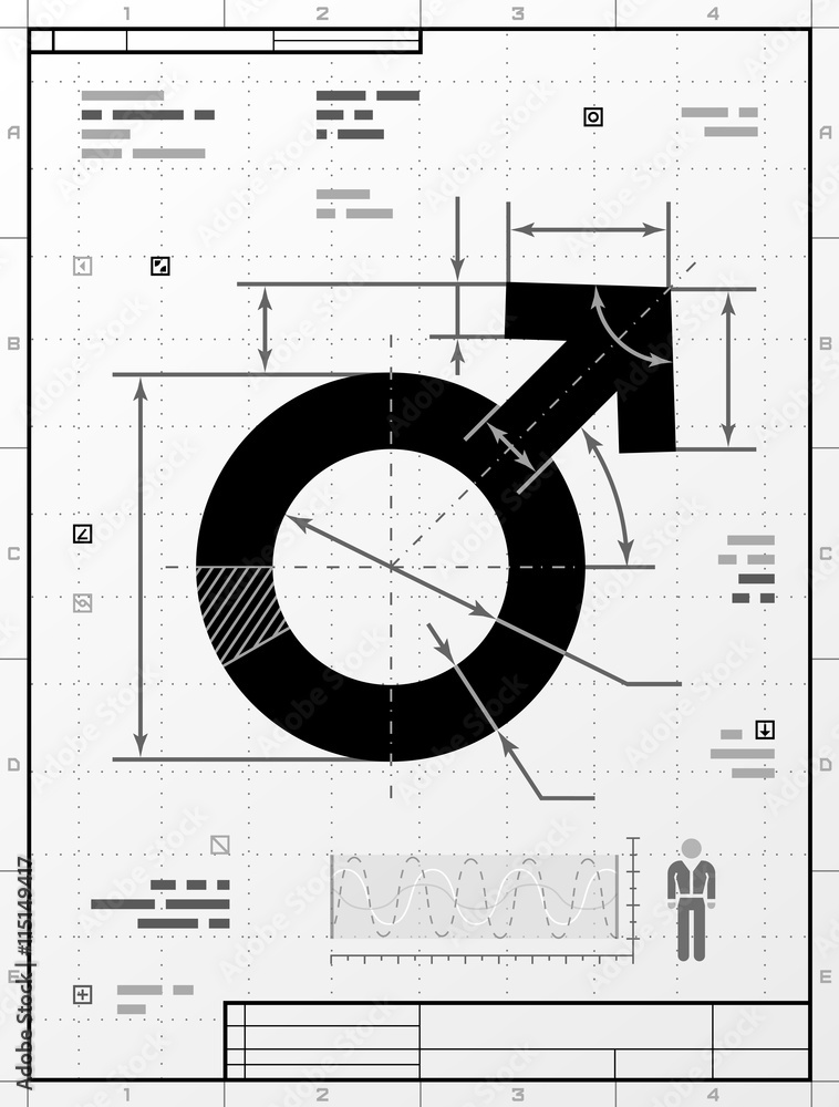 Male symbol as technical drawing. Stylized drafting of man sign with ...