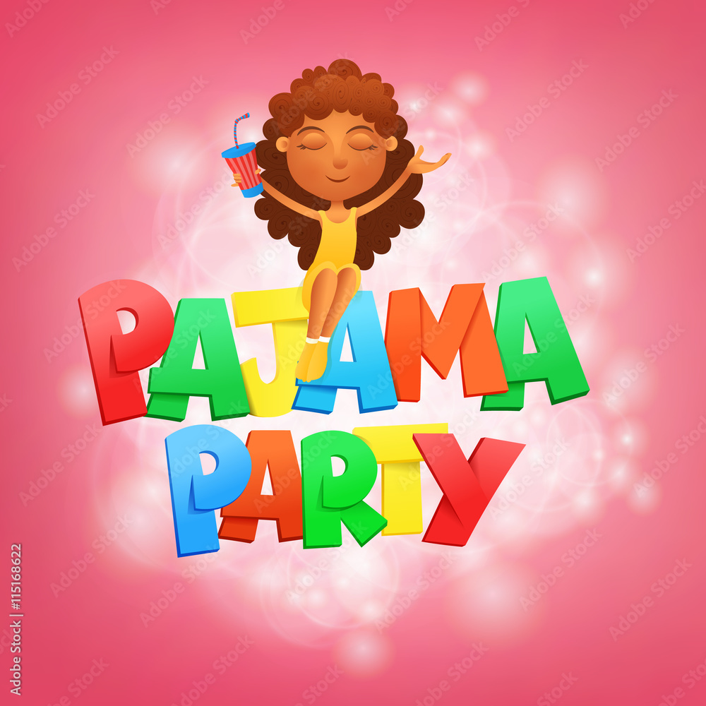 Pajama party lettering. Invitation card template with sitting girl ...