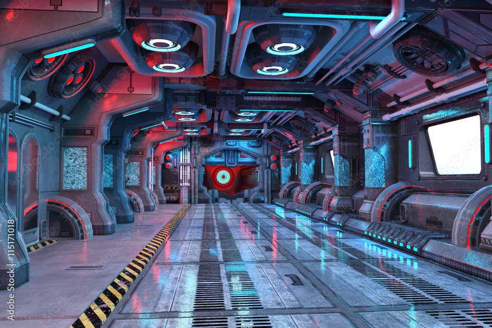 3d illustration of sci-fi cryogenic freezer farm corridor interior ...